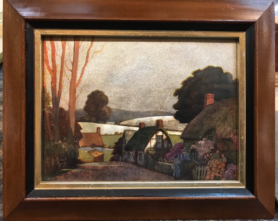 Ernest Uden 1940’s Foil Art Country Town & Landscape With Frame Under ...