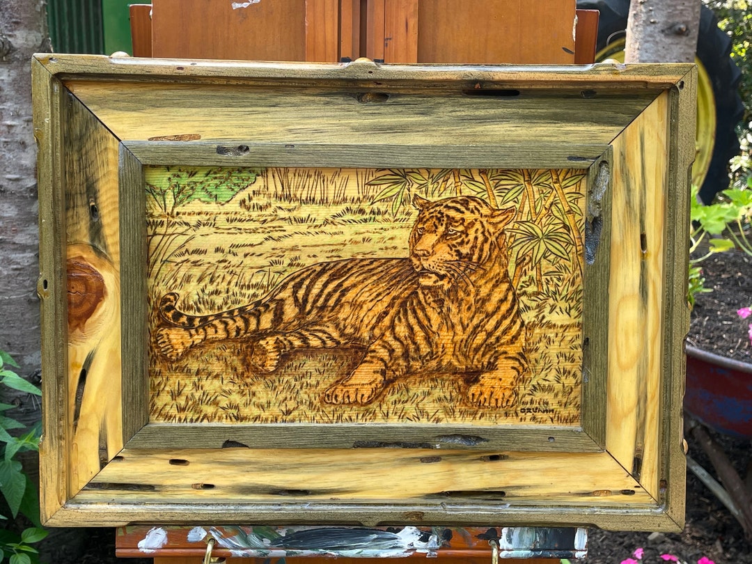 Wood Burning & Pyrography Tiger Hand Made Framed Art on Wood. - Etsy