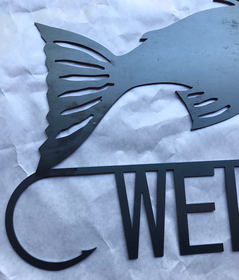 Metal Laser Cut Salmon with Fish Hook Welcome Sign | Etsy