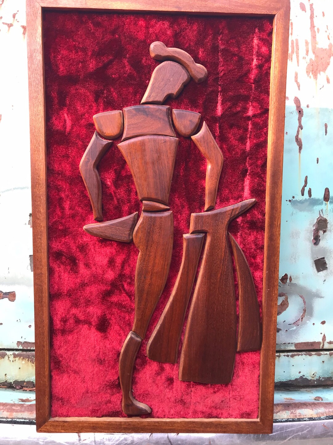 Original 1960’s Mid Century Modern Wood Matador on Velvet Hand Cut Teak ...