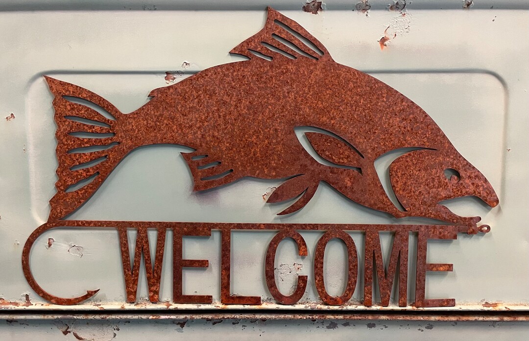 Surface Rusted Metal Laser Cut "salmon With Fish Hook Welcome Sign ...