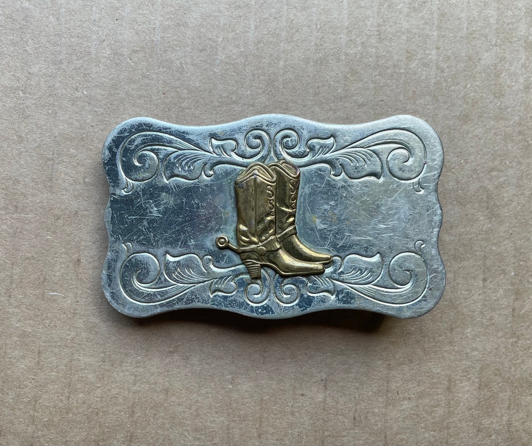 Vintage Nickel Plated Metal Western Belt Buckle With Boots, Spurs ...