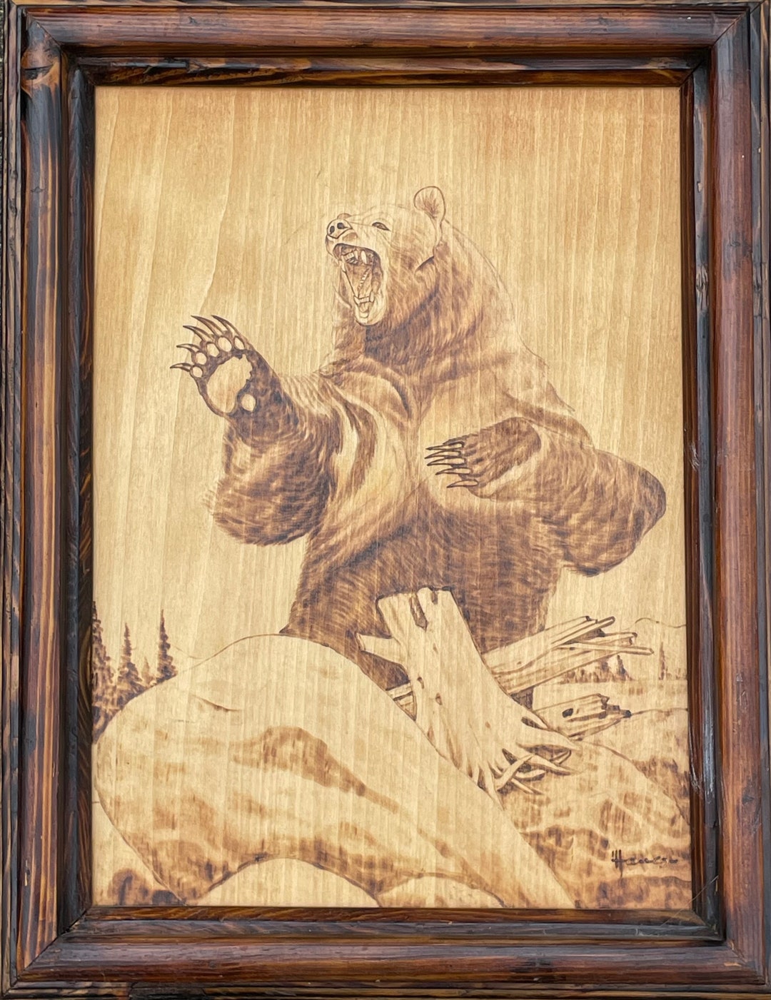 Wood Burning & Pyrography Grizzly Bear Hand Made Framed Art on Wood. - Etsy