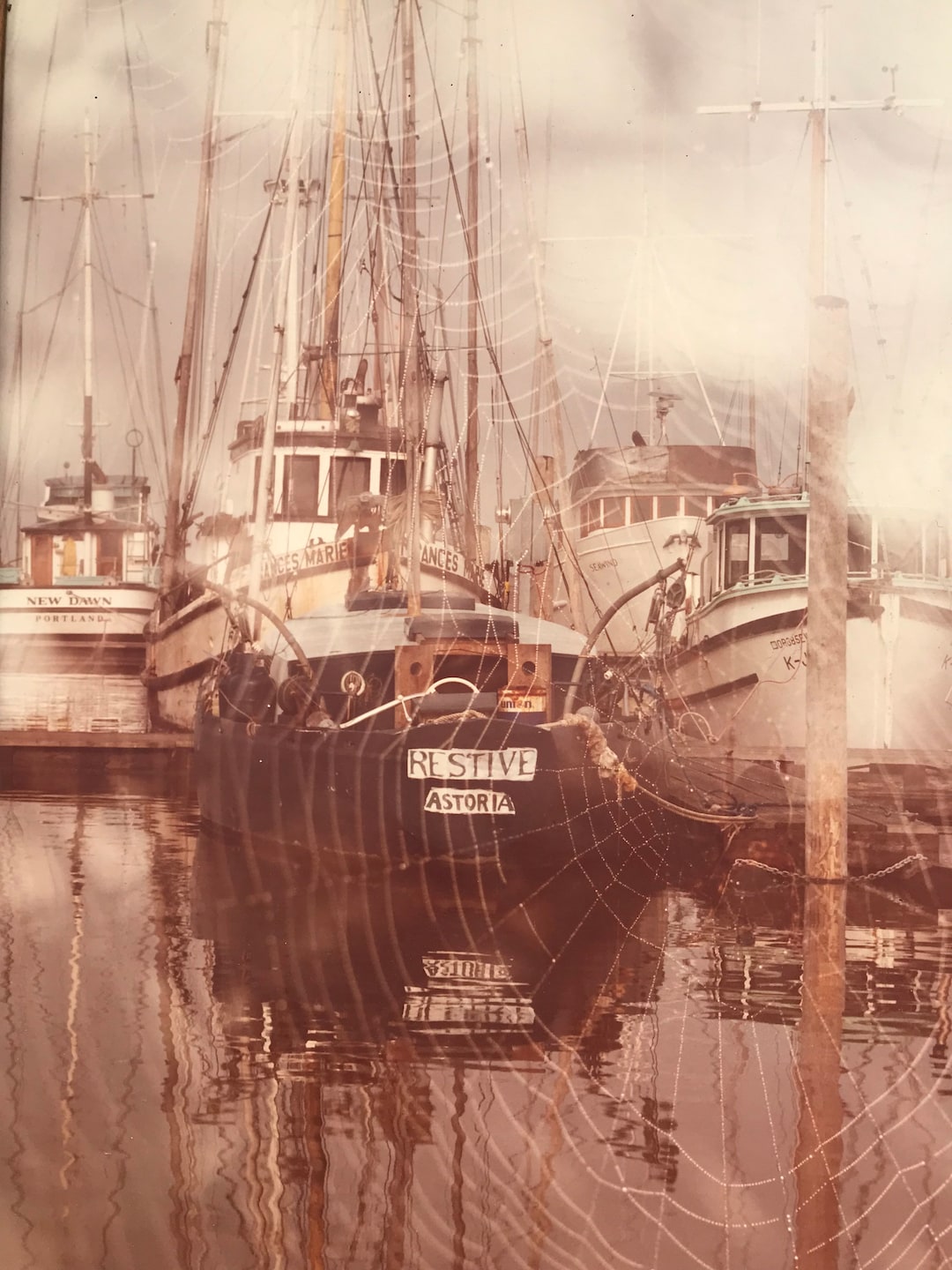 1977 Astoria Oregon Boats at the Dock Through Spiderweb Big Framed ...