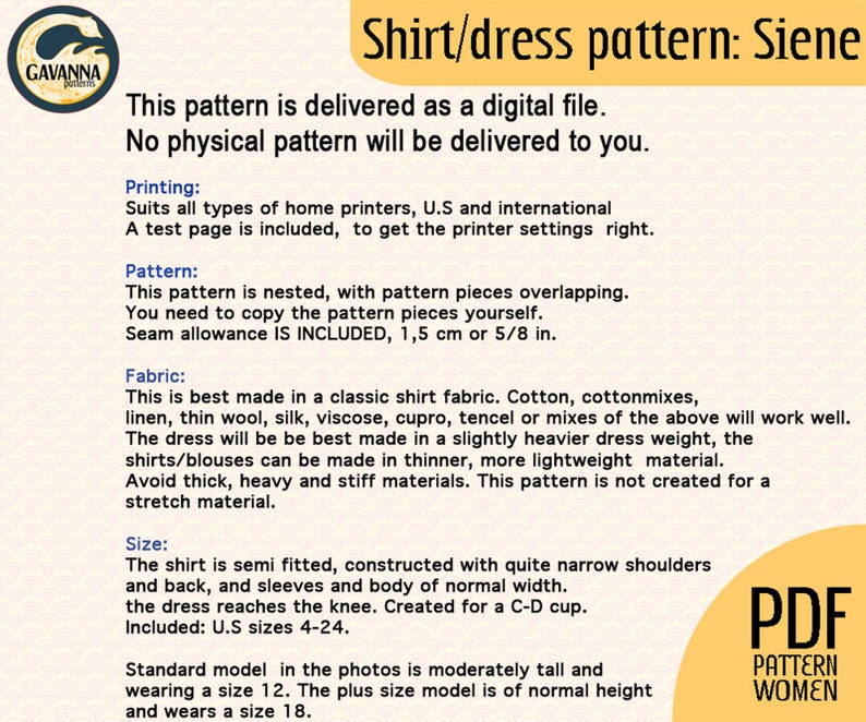 Printable PDF Sewing Pattern Plus Sizes Included Shirt or - Etsy