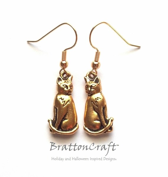 Gold Cat Earrings Antique Gold Sitting Cat Earrings Cat | Etsy