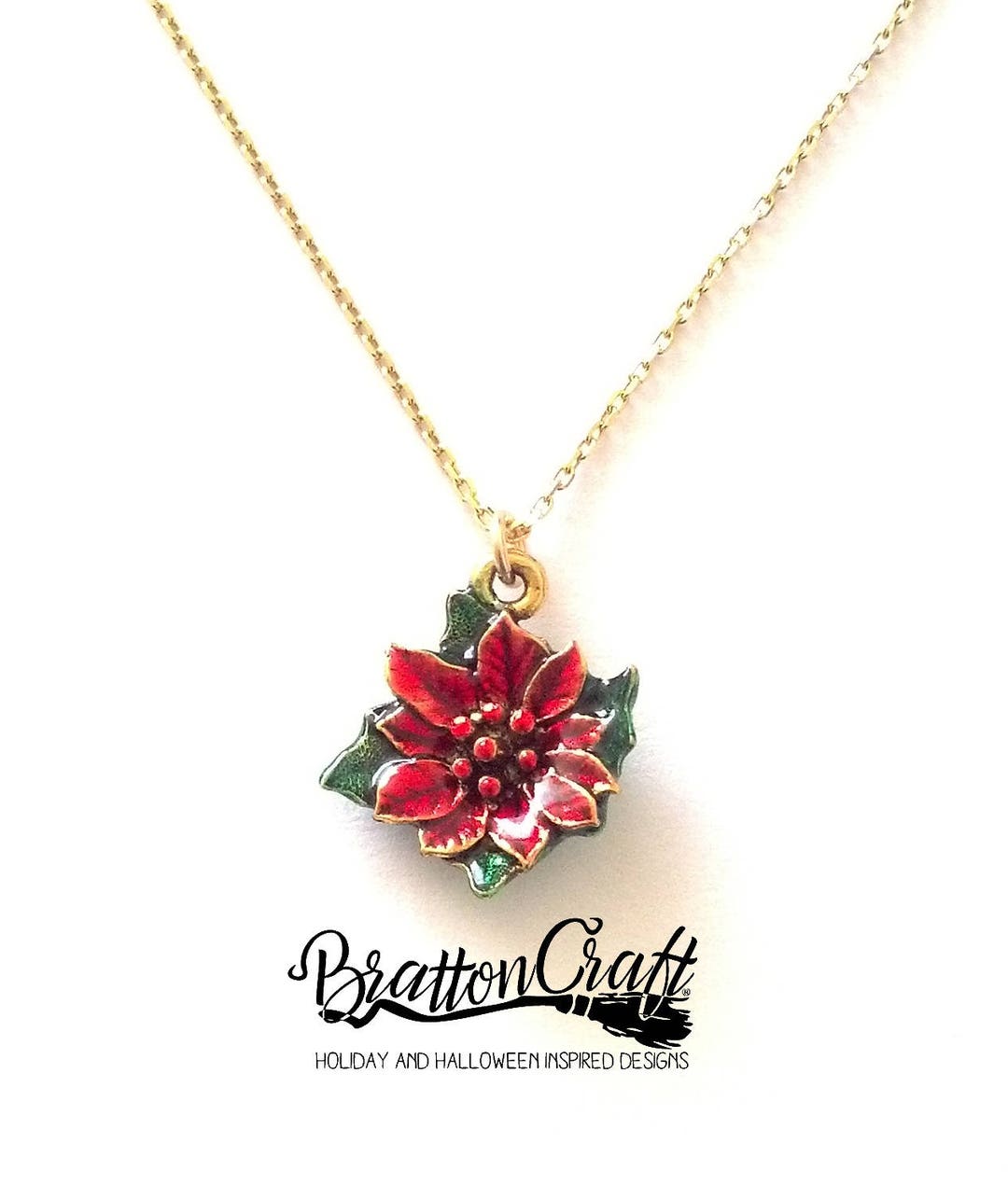 Hand Painted Red, Green, and Gold Poinsettia Necklace: Holiday Flower ...