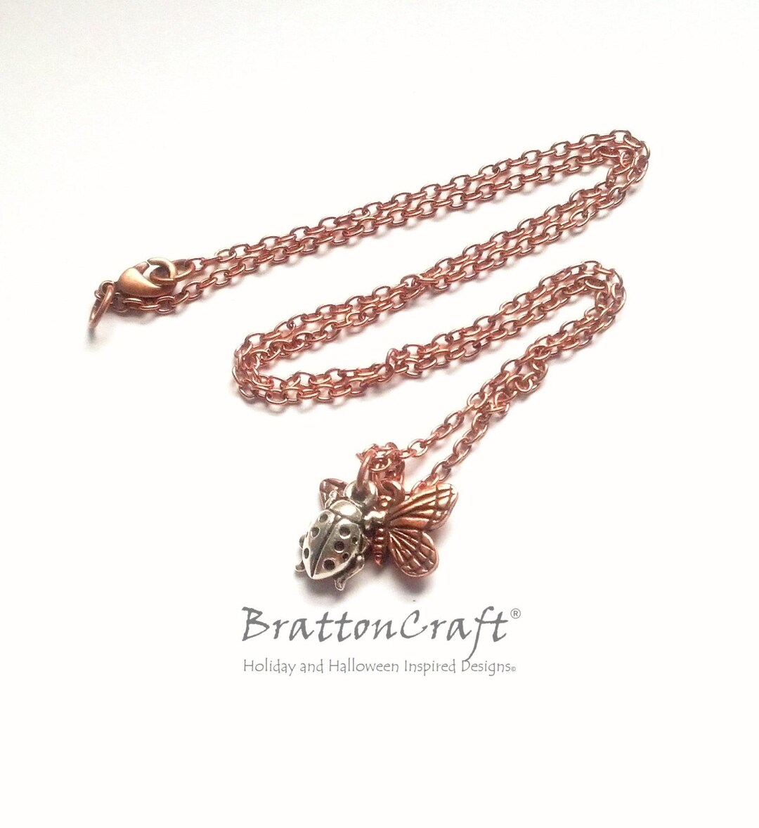 Copper Butterfly and Silver Ladybug Necklace - Copper Butterfly and ...