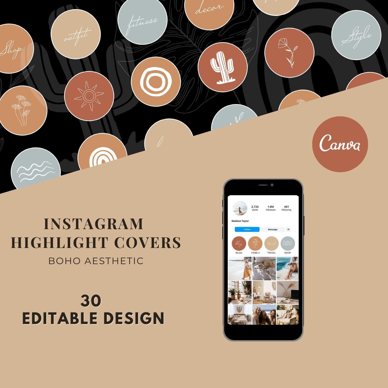 30 Editable Instagram Highlight Covers Boho Aesthetic Social Media ...