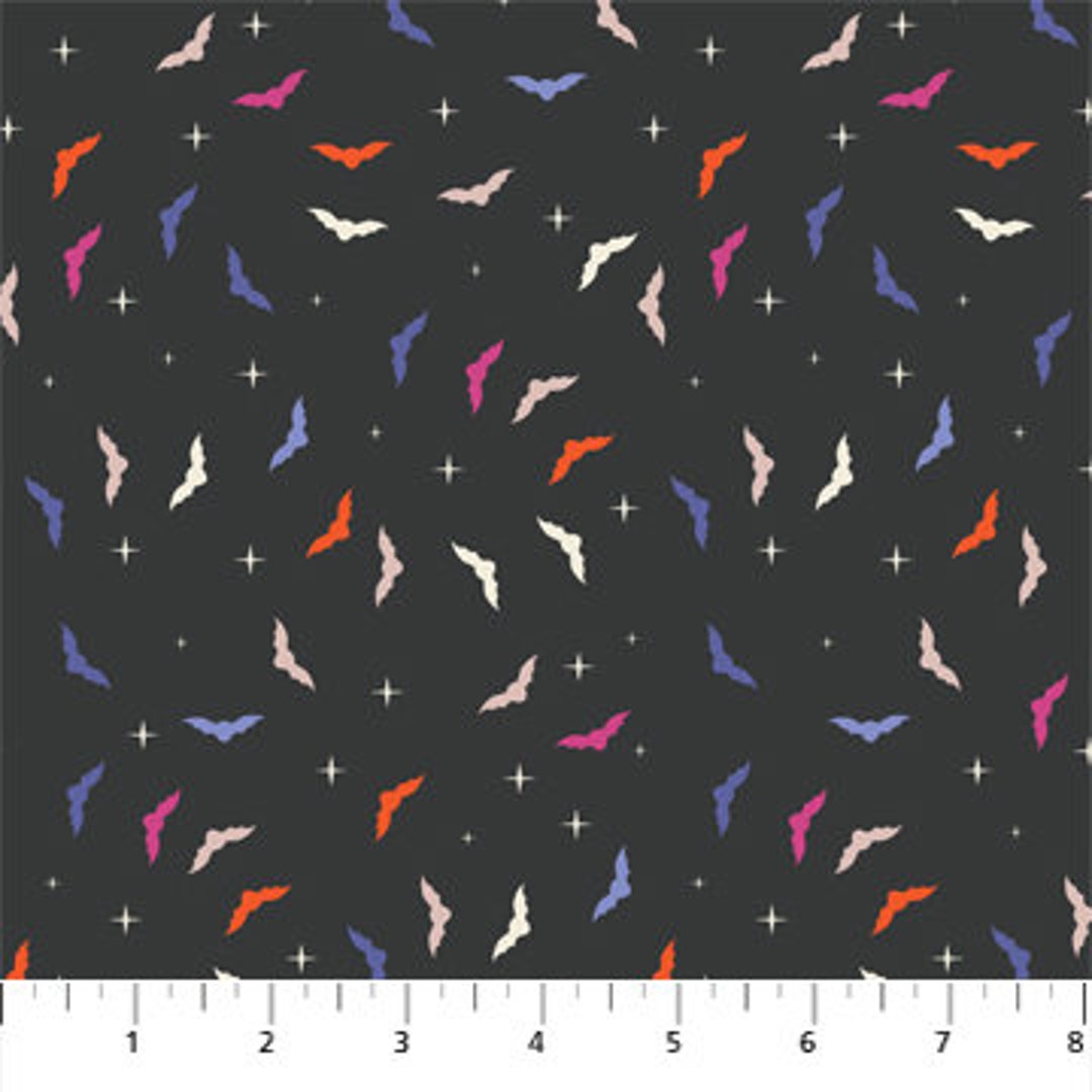Halloween Bats Fabric Multi-colored Bats on Halloween Fabric Trick or Treat Fabric Bats on Black ...