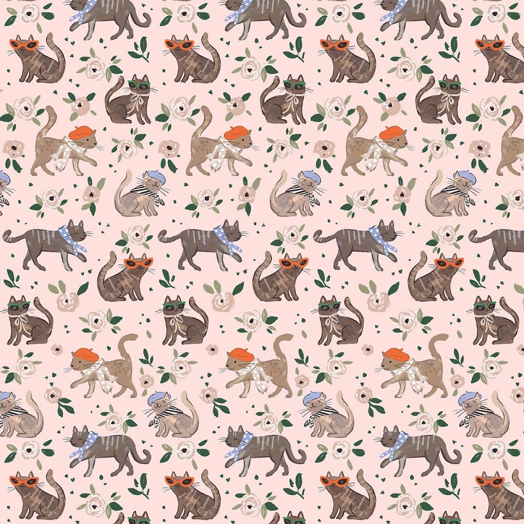 Blush French Cats Fabric Dear Stella DCJ2574 Cat Fabric Cute Cats ...