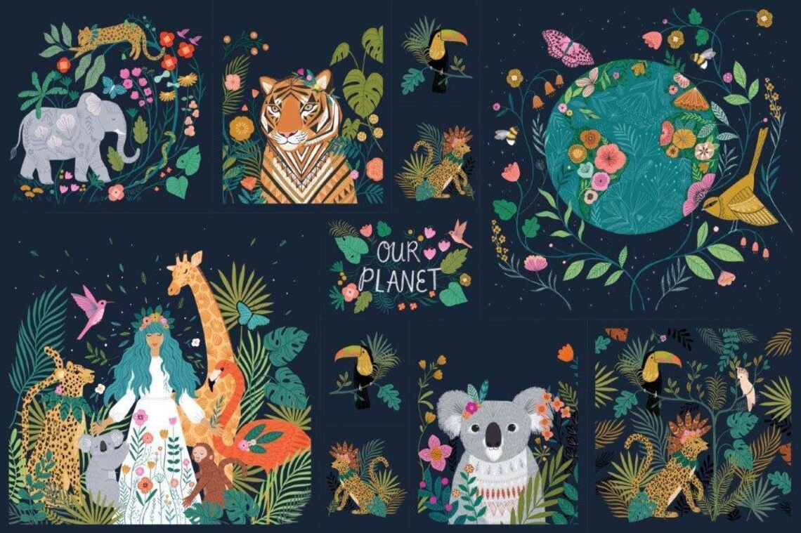Our Planet Panel Cotton Fabrics Jungle Animals Mother Earth - Etsy