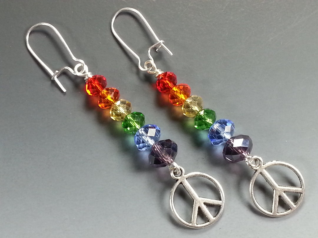 Peace Symbol Earrings With Rainbow Crystals - Etsy