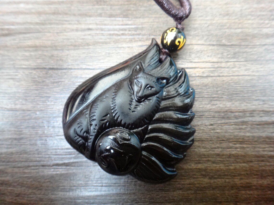 Perfect natural obsidian pendant nine fox mascot | Etsy