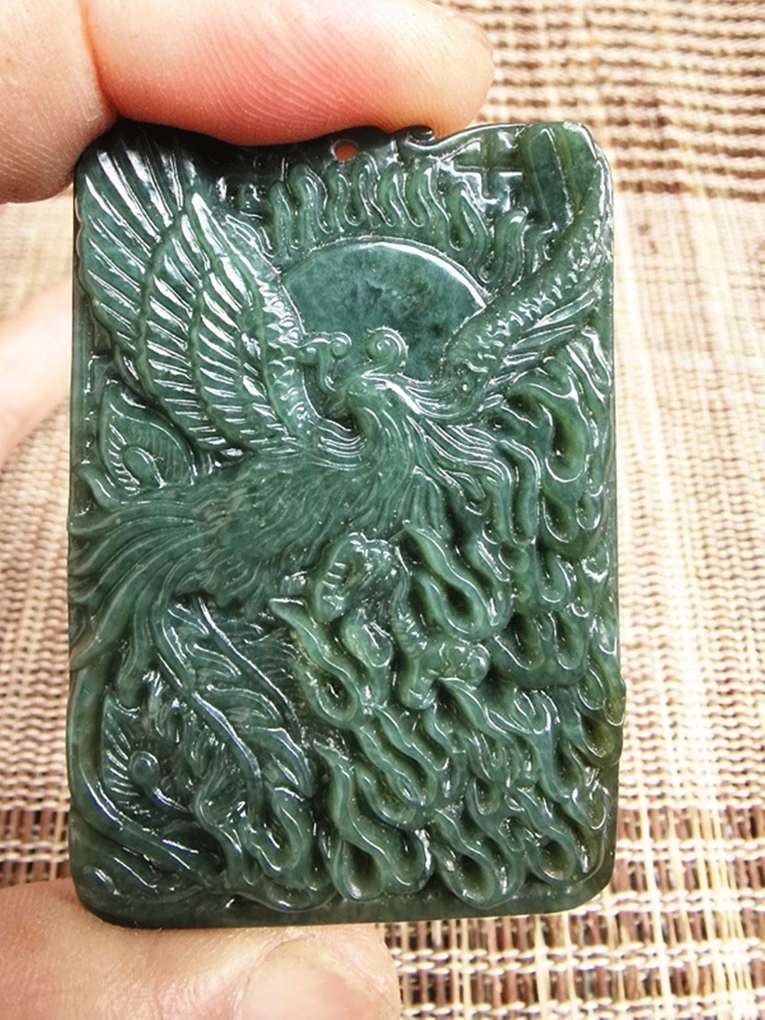 Natural Green Jade Pendant Carved Dragon Phoenix Pendant Mascot double ...