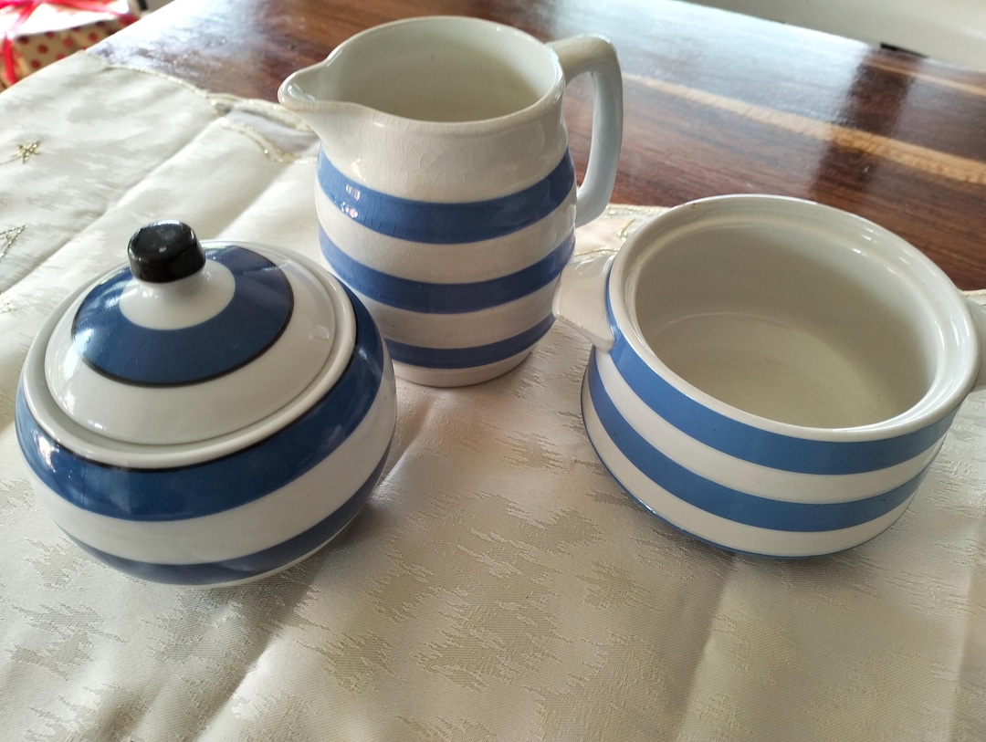 Blue and White Striped Jug Sugarbowls Greens Liddy Cornishware - Etsy