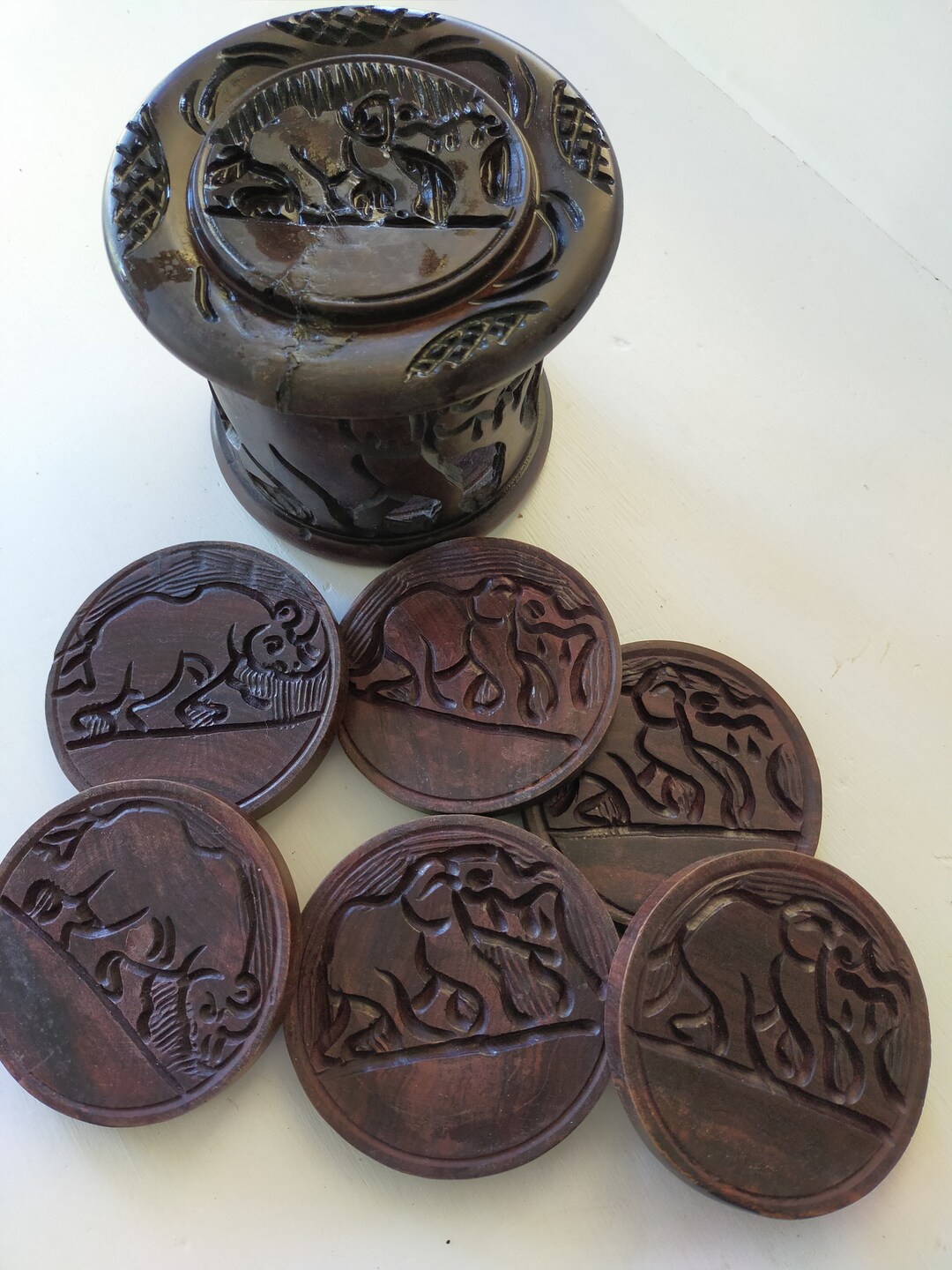 African Hand Carved Ebony Coasters Elephant Rhinoceros - Etsy
