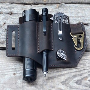 Genuine Leather Multitool Sheath Organizer, EDC Flashlight Holder, Pen ...
