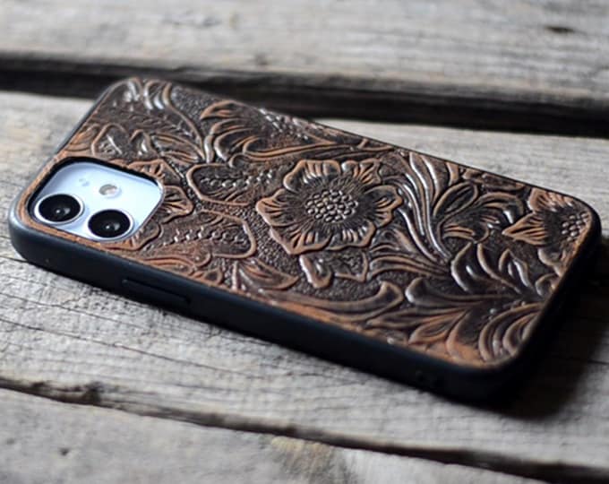Personalized Hand Tooled Tan Leather Phone Case for iPhone or Samsung ...