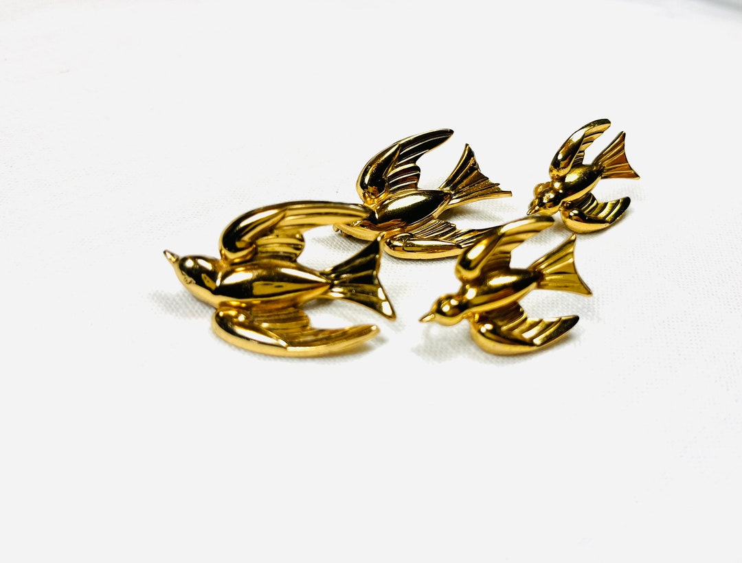Vintage Bird Brooch Set, Flock of Birds Brooch Set, Vintage Brass Birds ...