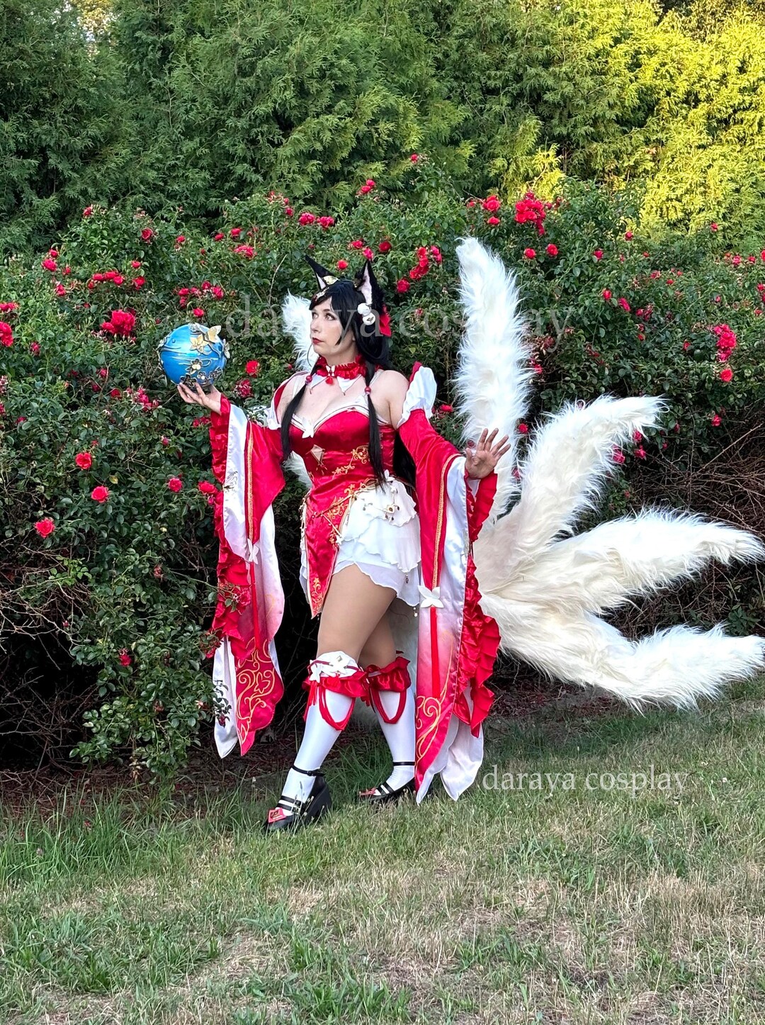 Ahri Full Cosplay Costume in Kimono Version, Game Female Fox Red Dress Cosplay With Accessories ...
