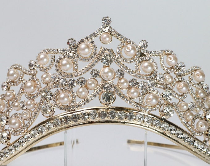 FAST SHIPPING Gold Tiara With Pearls, Gorgeous Gold Crystal Crown ...
