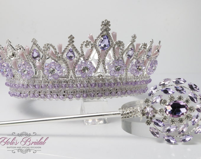 FAST SHIPPING Silver Round Crown With Lilac Stones and Scepter ...