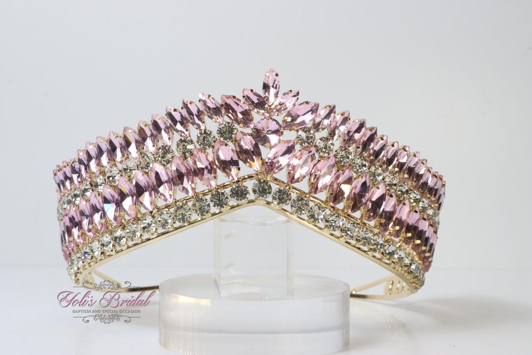 FAST SHIPPING! Tall Gold Sparkling Tiara With Pink Stones, Crystal ...
