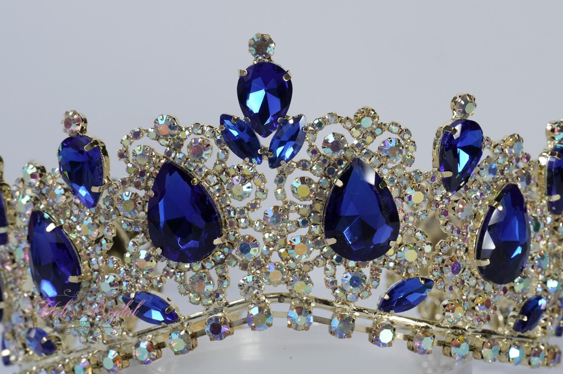 FAST SHIPPING!!! Gold With Royal Blue and AB Stones Tiara, Gorgeous ...