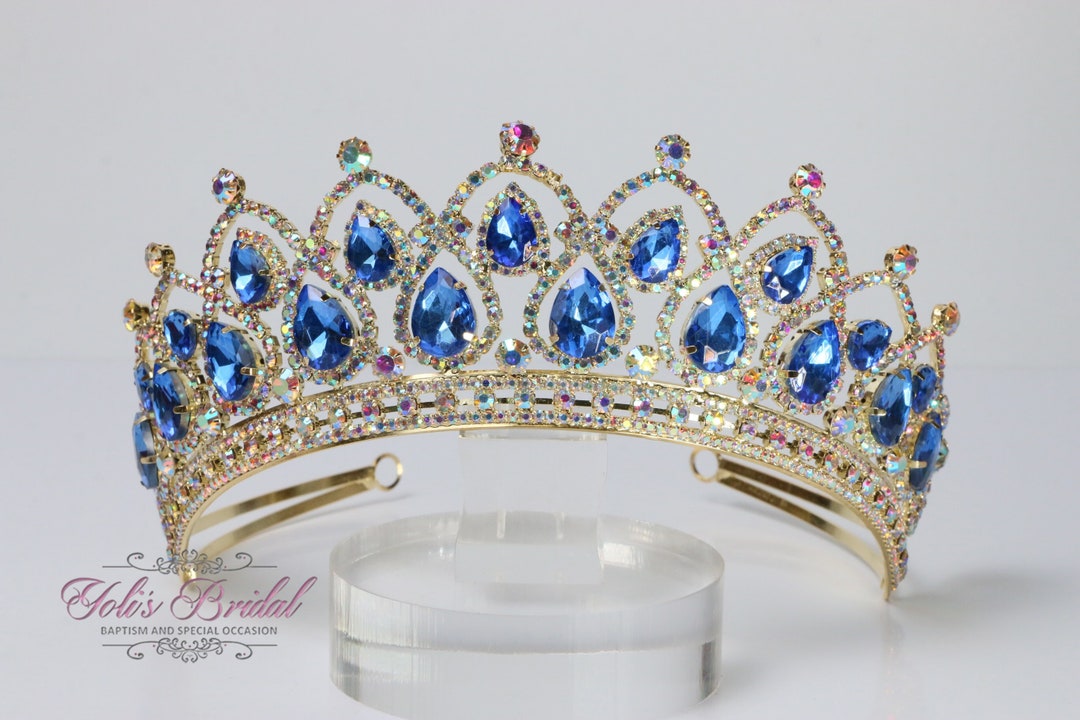 FAST SHIPPING!!! Gold With Royal Blue and AB Stones Tiara, Gorgeous ...