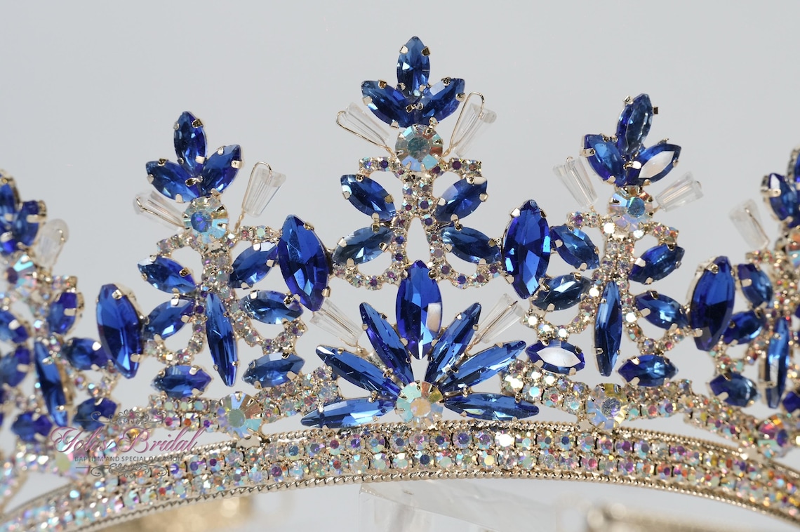 FAST SHIPPING!!! Gold With Royal Blue and AB Stones Tiara, Gorgeous ...