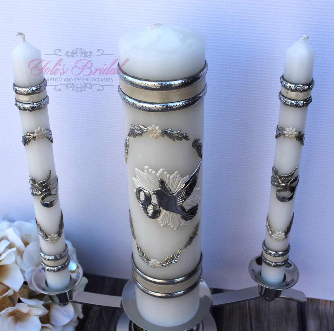 FAST SHIPPING!! Beautiful Silver Unity Candle Set With Silver Base ...