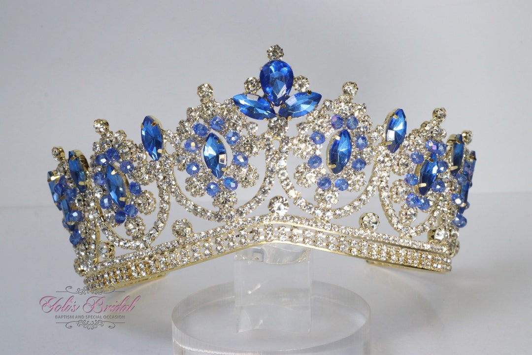 FAST SHIPPING!!! Gold With Royal Blue Tiara, Gorgeous Gold Tiara, Tall ...