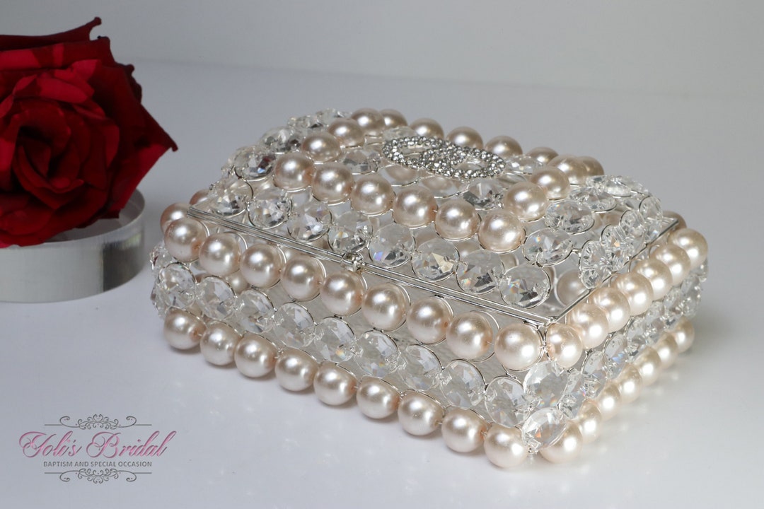 Fast Shipping! Silver Crystal Box With Pearls, Wedding Lasso Box ...