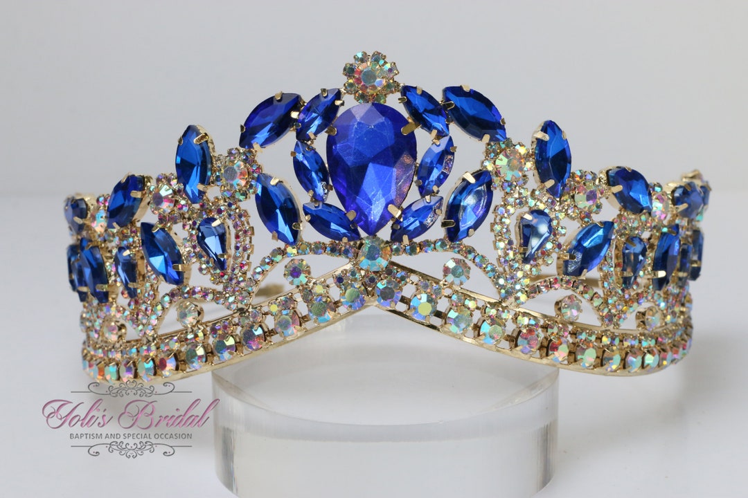 FAST SHIPPING!!! Gold With Royal Blue and AB Stones Tiara, Gorgeous ...