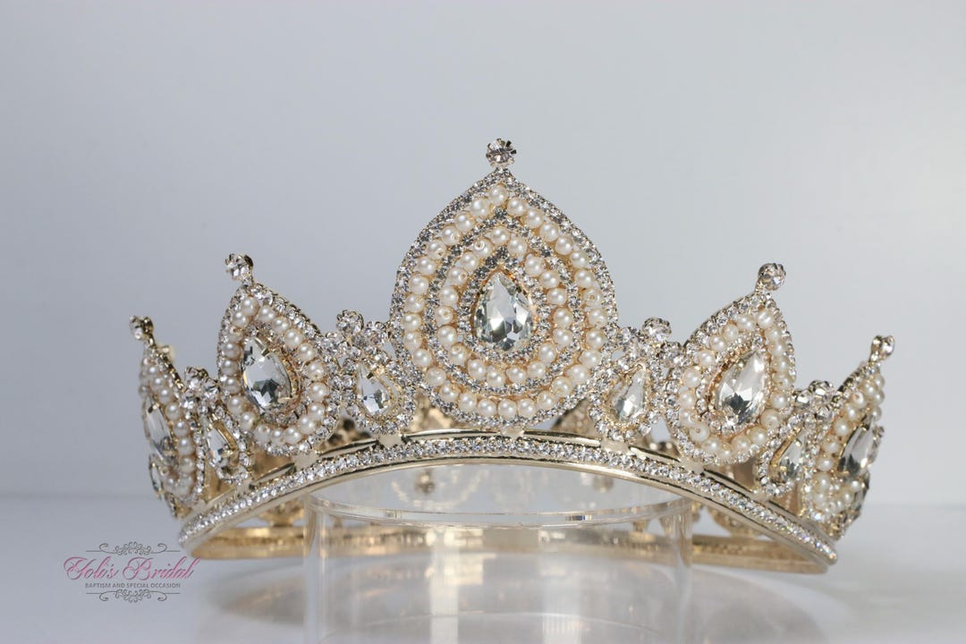 FAST SHIPPING! Gold Round Crown With Pearls, Crystal Tiara, Wedding ...