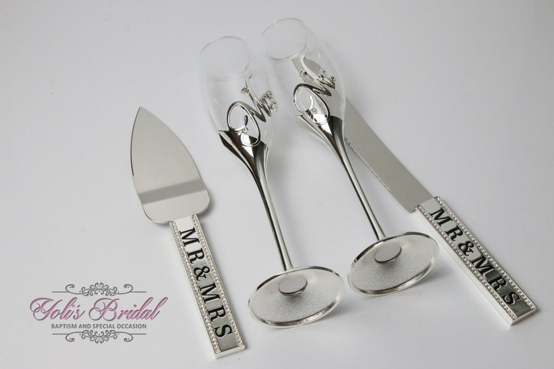 NEW! Silver Wedding Toast Set, Champagne Flutes, Wedding Glasses ...
