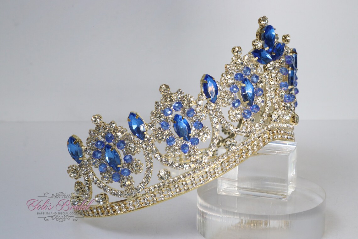 FAST SHIPPING!!! Gold With Royal Blue Tiara, Gorgeous Gold Tiara, Tall ...