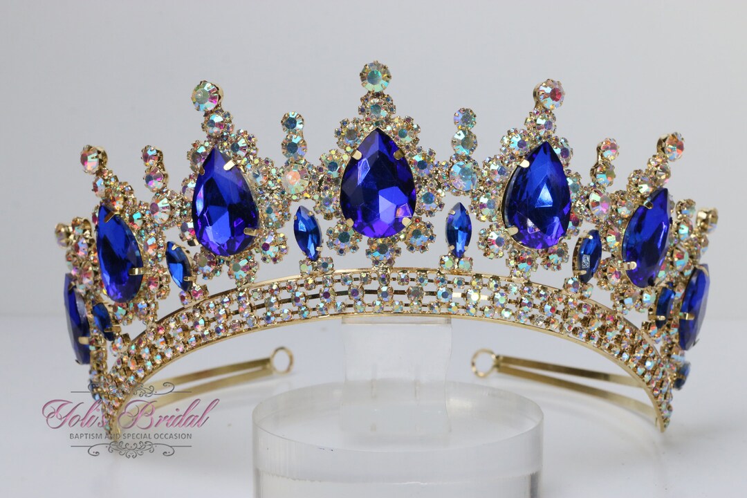 FAST SHIPPING!!! Gold With Royal Blue and AB Stones Tiara, Gorgeous ...