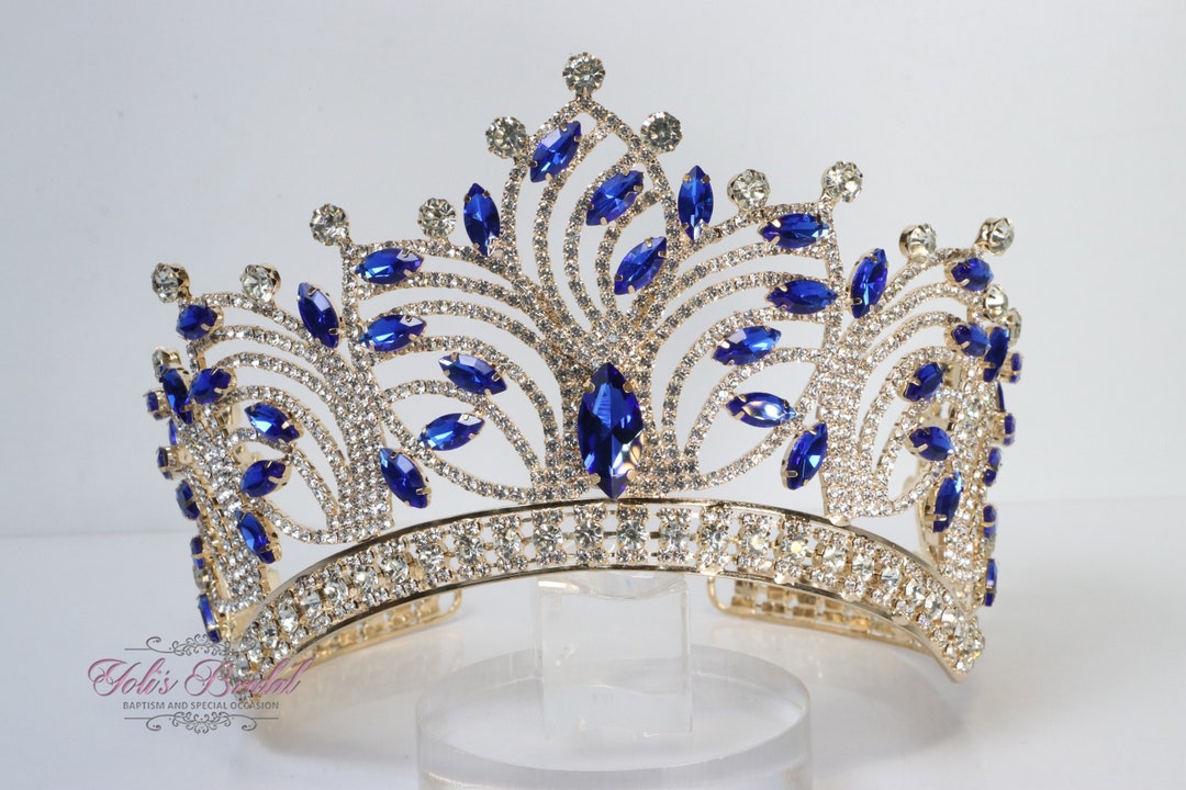 FAST SHIPPING!!! Gold With Royal Blue Tiara, Gorgeous Gold Tiara, Tall ...