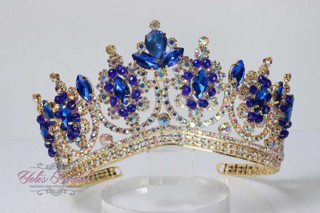 FAST SHIPPING!!! Gold With Royal Blue and AB Stones Tiara, Gorgeous ...