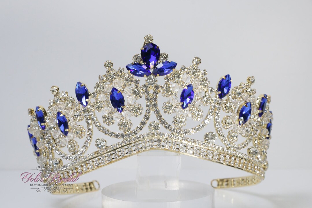FAST SHIPPING!!! Gold With Royal Blue Tiara, Gorgeous Gold Tiara, Tall ...