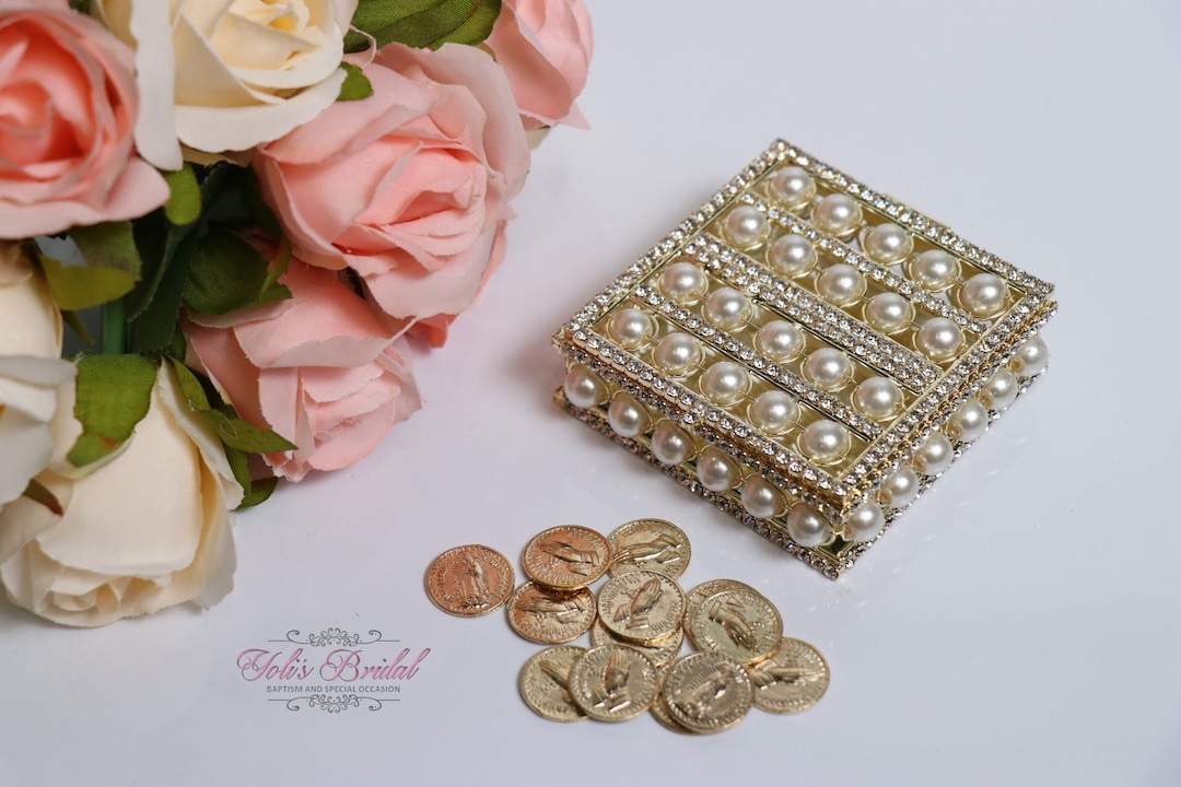 NEW!! Gold Wedding Arras With Pearls, Wedding Ring Box, Unity Coins ...