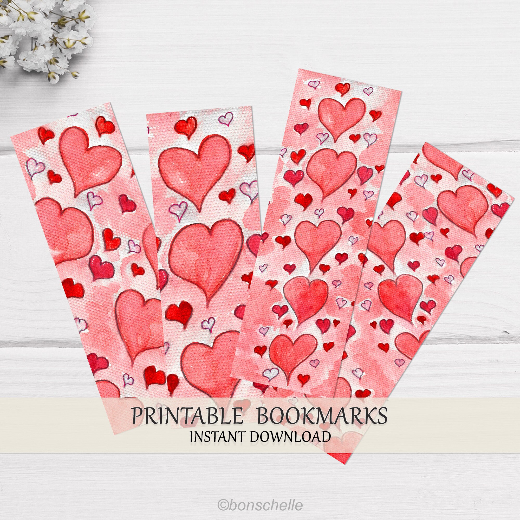 Red Love Hearts Printable Bookmarks, Cute Digital Download Bookmarks ...