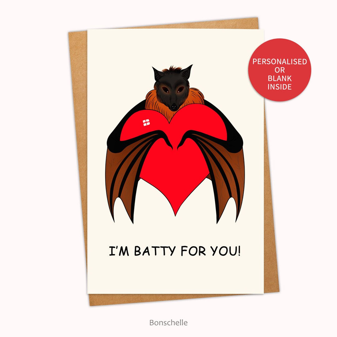 Cute Chibi Bat Love Heart Valentine Card, I'm Batty for You Valentine ...