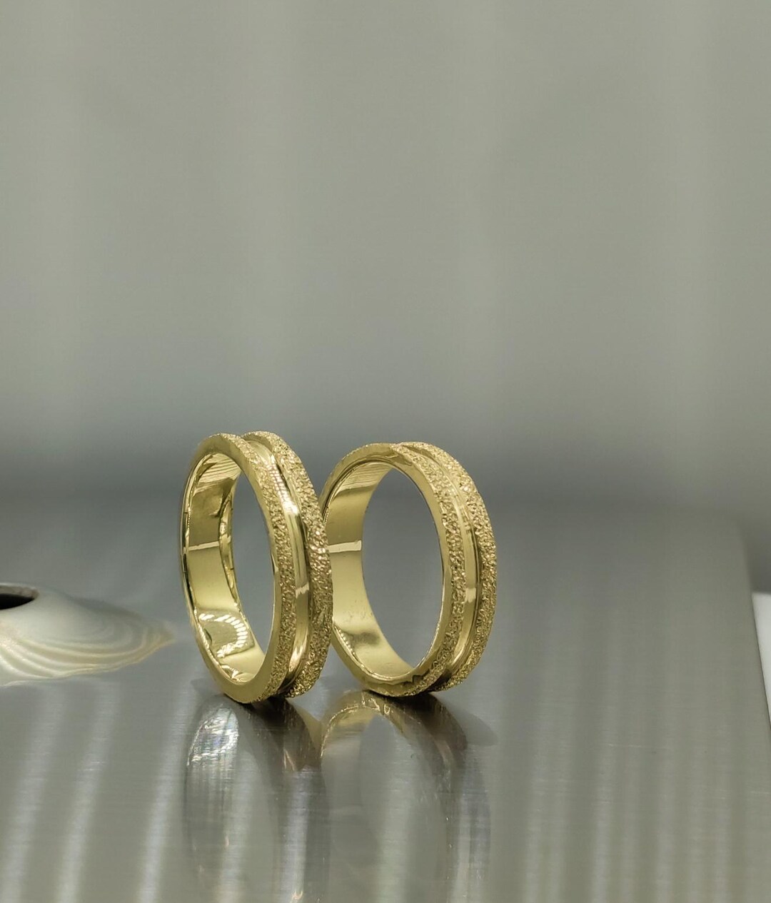 Wedding Ring Set, 24K Gold His and Hers Band Set, Textured Wedding ...