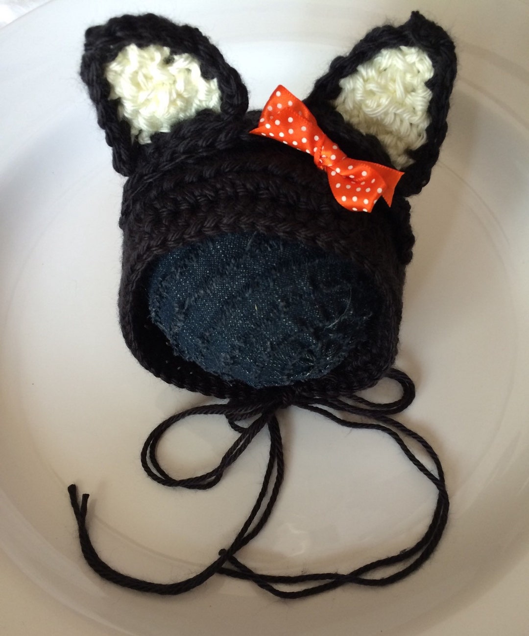 Crochet Black Cat Ear Bonnet: Newborn Kitten Hat With Bow - Etsy