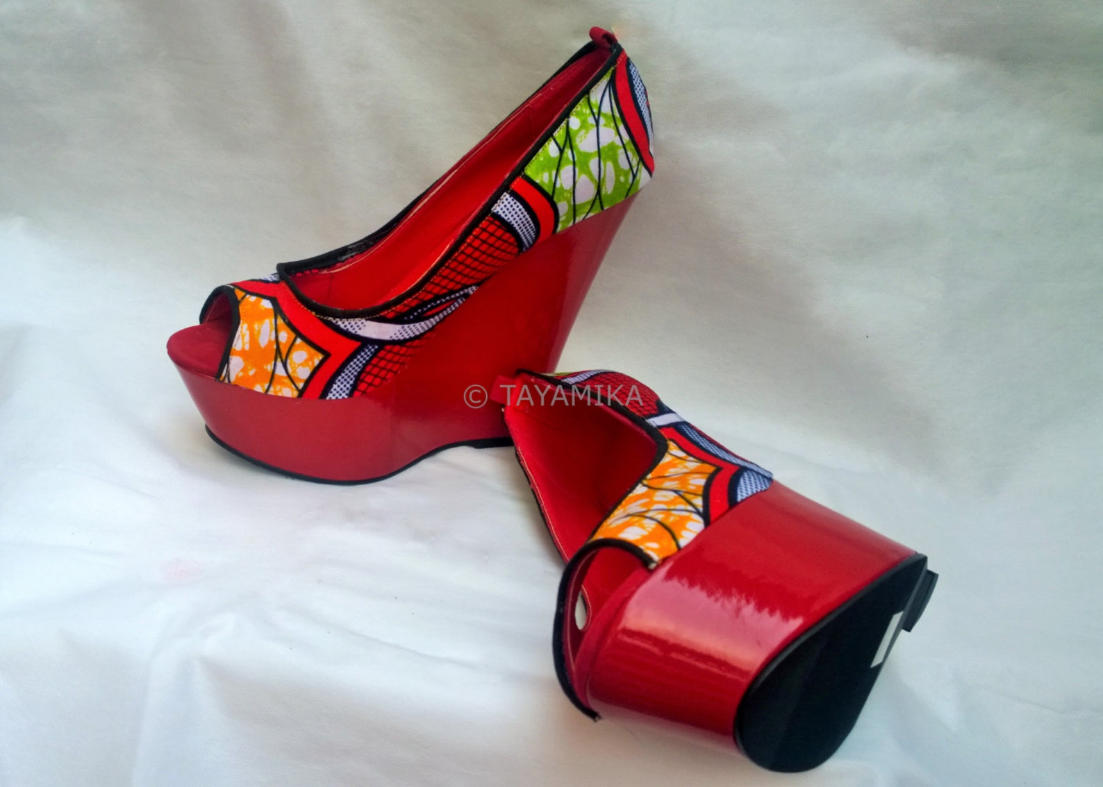 Red African Print Shoes Ankara Fabric Covered Shoes Red Wedge Heels ...