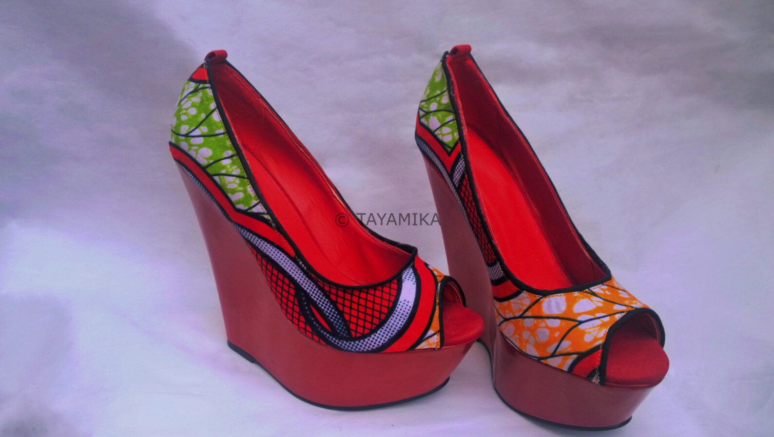 Red African Print Shoes Ankara Fabric Covered Shoes Red Wedge Heels ...
