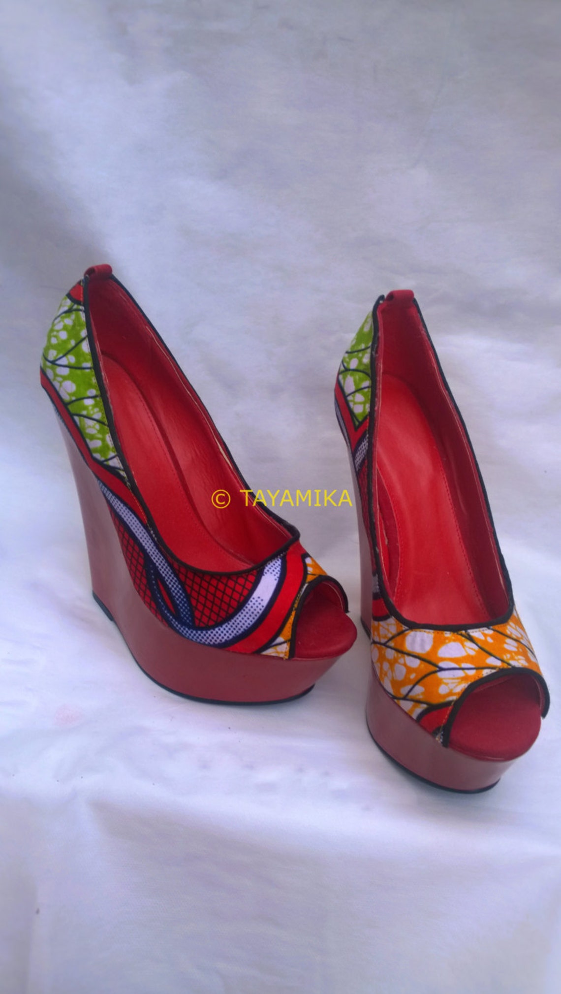 Red African Print Shoes Ankara Fabric Covered Shoes Red Wedge Heels ...